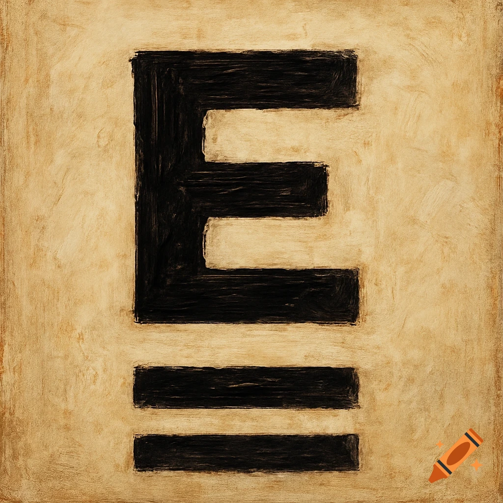 Black letter E over two horizontal bars on a textured beige background ...