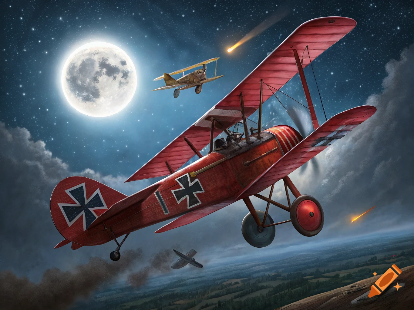 Red WWI biplane flying under a full moon at night, pursuing a yellow ...