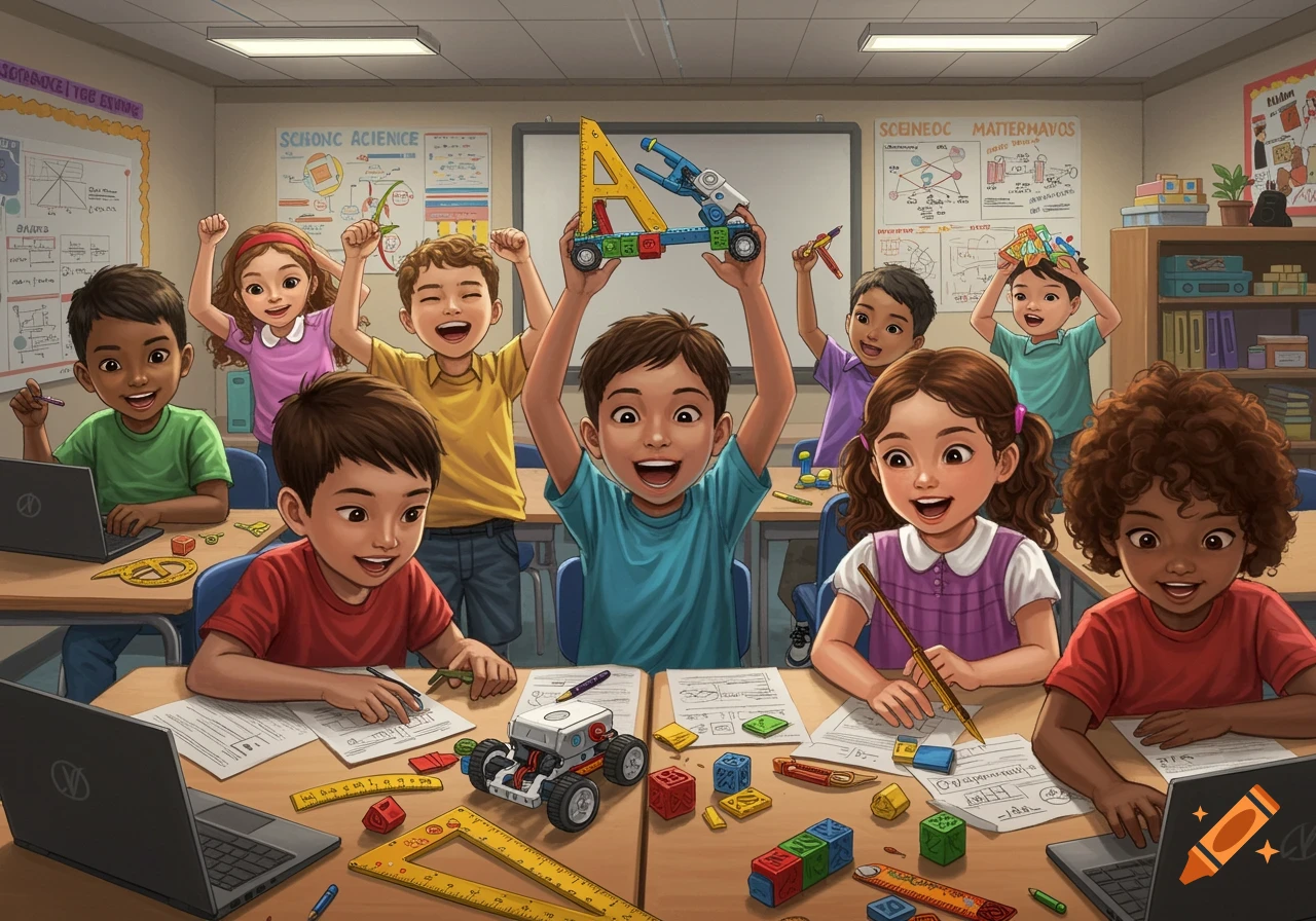 Excited children work on STEM projects in a classroom, holding up robots and rulers. on Craiyon