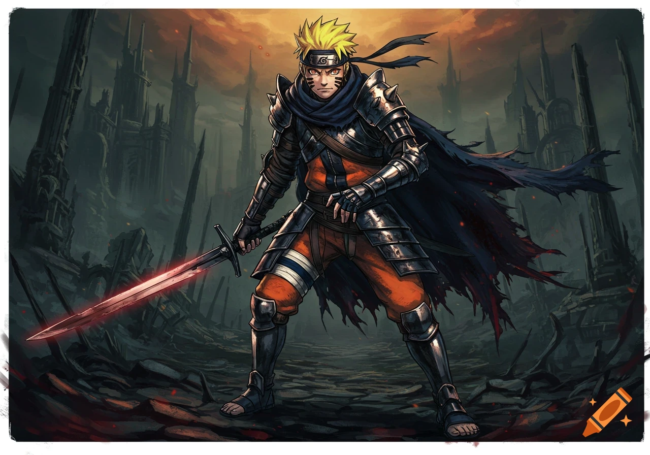 Naruto in dark fantasy armor holding a sword in a ruined landscape on ...