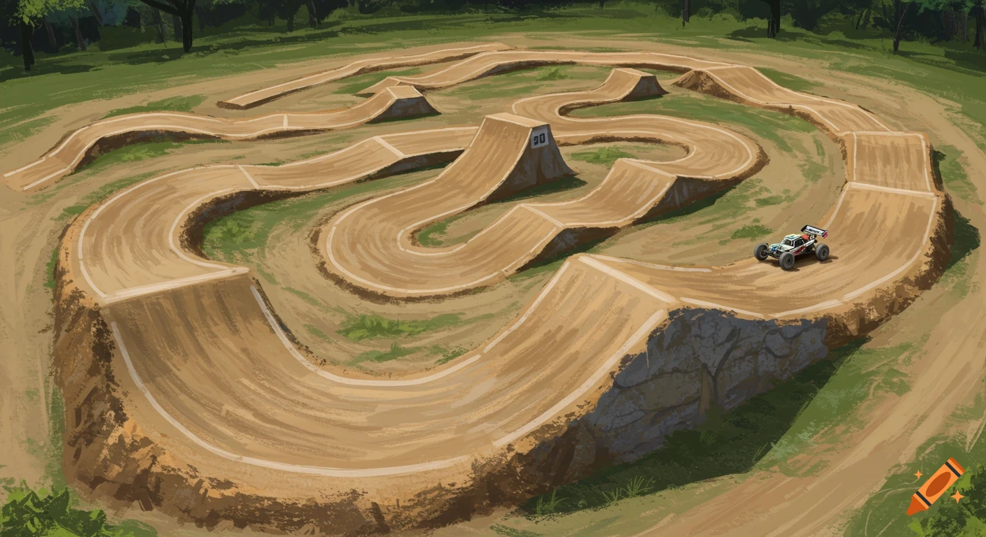 An illustrated dirt track with jumps for RC cars, with one car on the ...