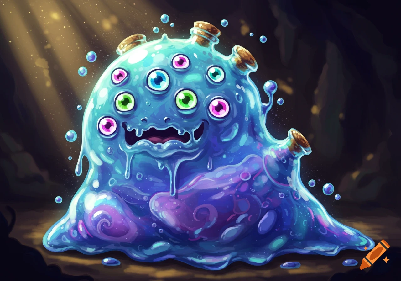 Illustration of a blue slime monster with many colorful eyes and corked ...