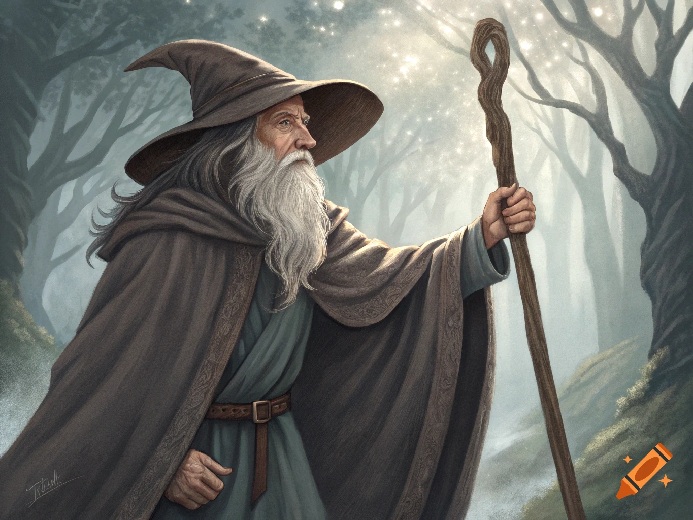 A gray-bearded wizard in a hat and robe stands in a forest holding a ...