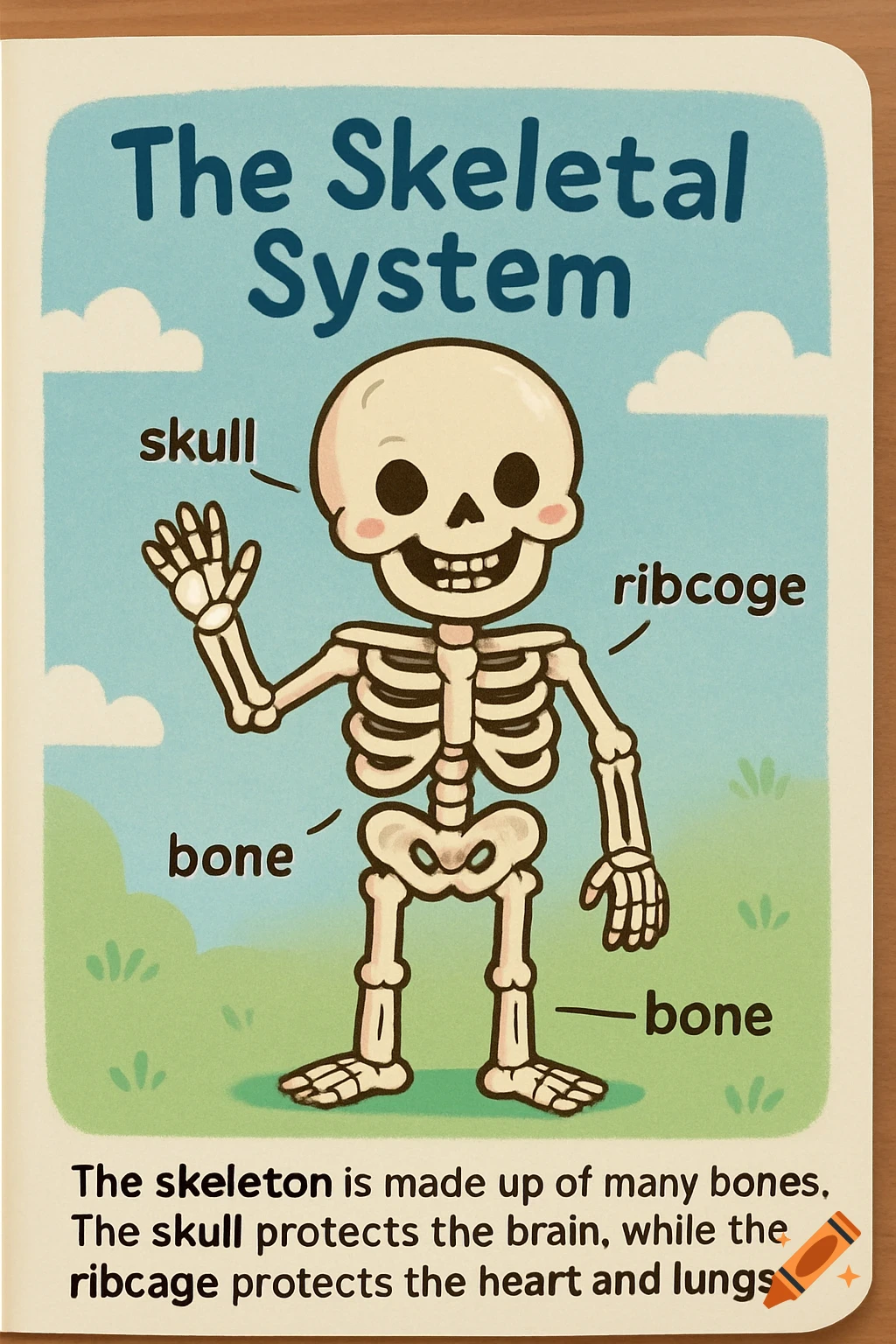 Cartoon illustration of a friendly skeleton with labels from a children ...