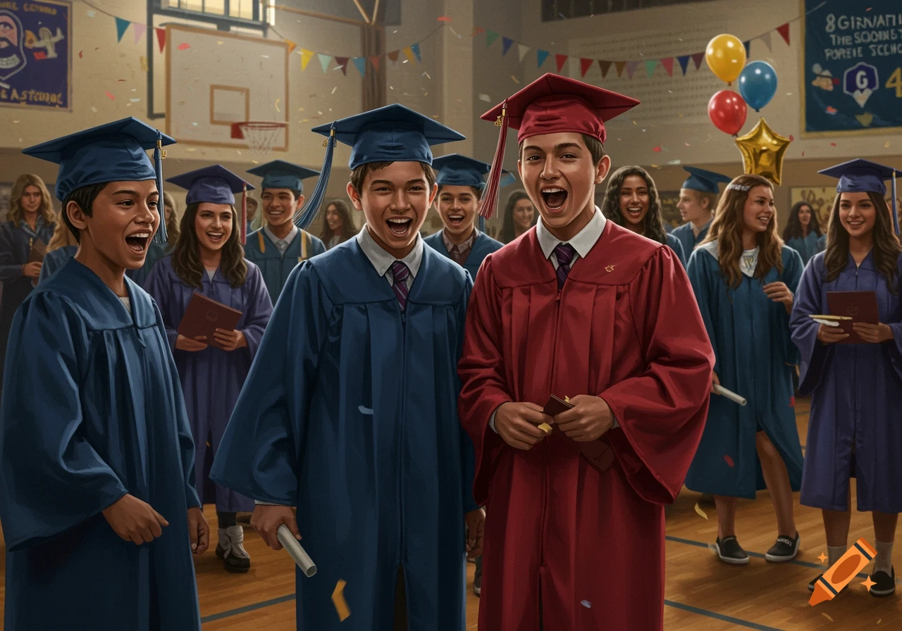 Young students in graduation gowns celebrate in a school gym. on Craiyon