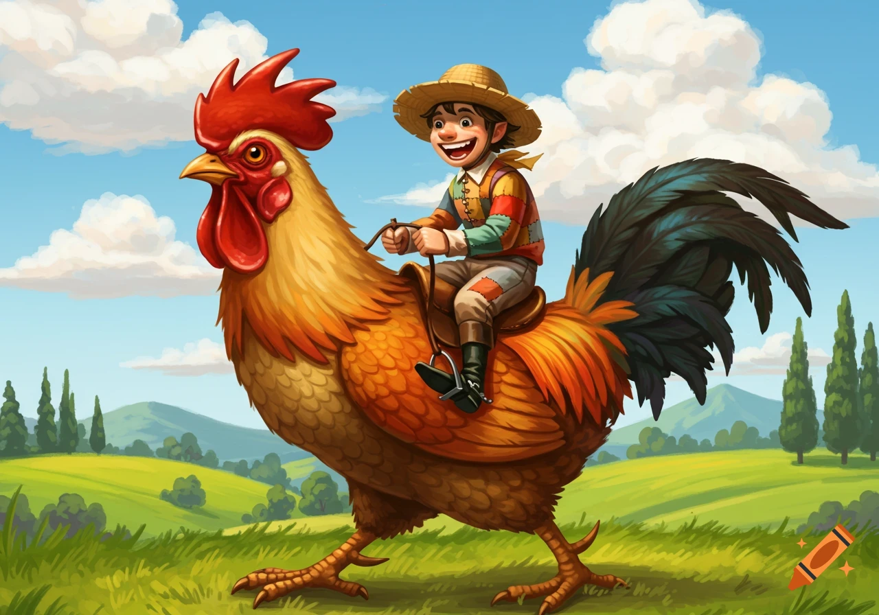 A cartoon boy in a straw hat rides a giant rooster through a grassy ...