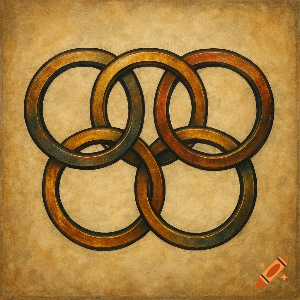 An illustration of five interlocking rings in bronze and green tones on ...