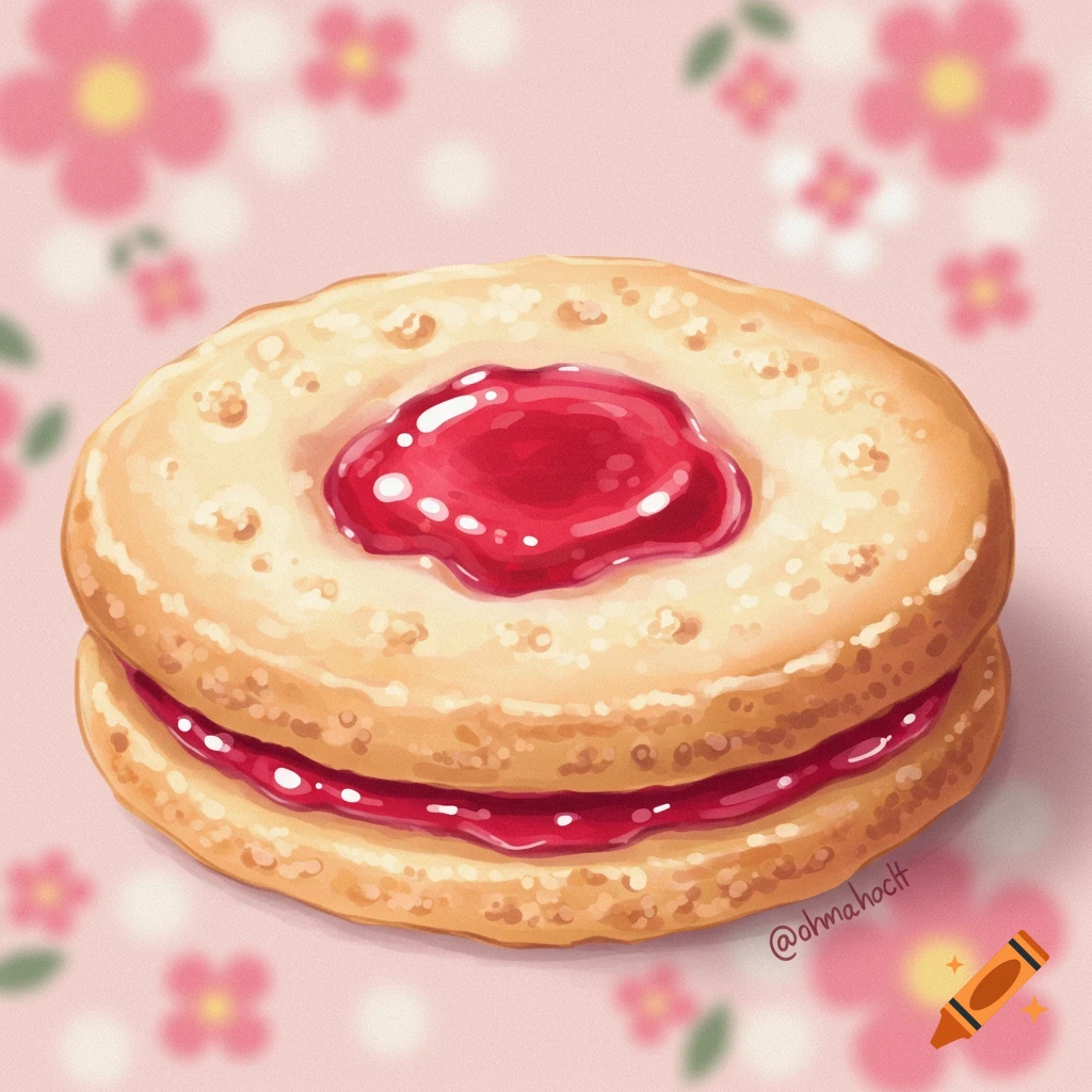 A watercolor painting of a jam biscuit with a heart-shaped center ...