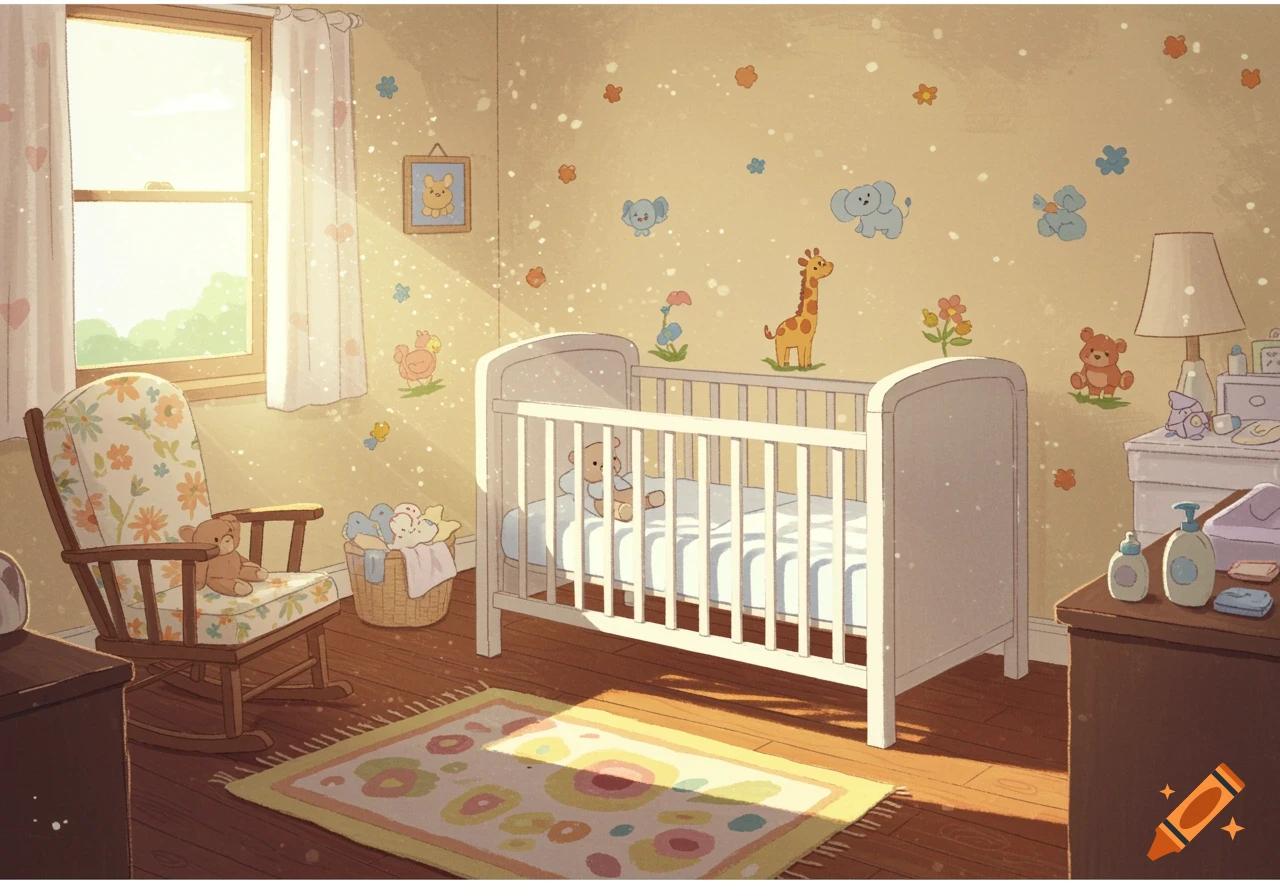 A sunny baby nursery with a crib, rocking chair, and animal wall decals. on Craiyon