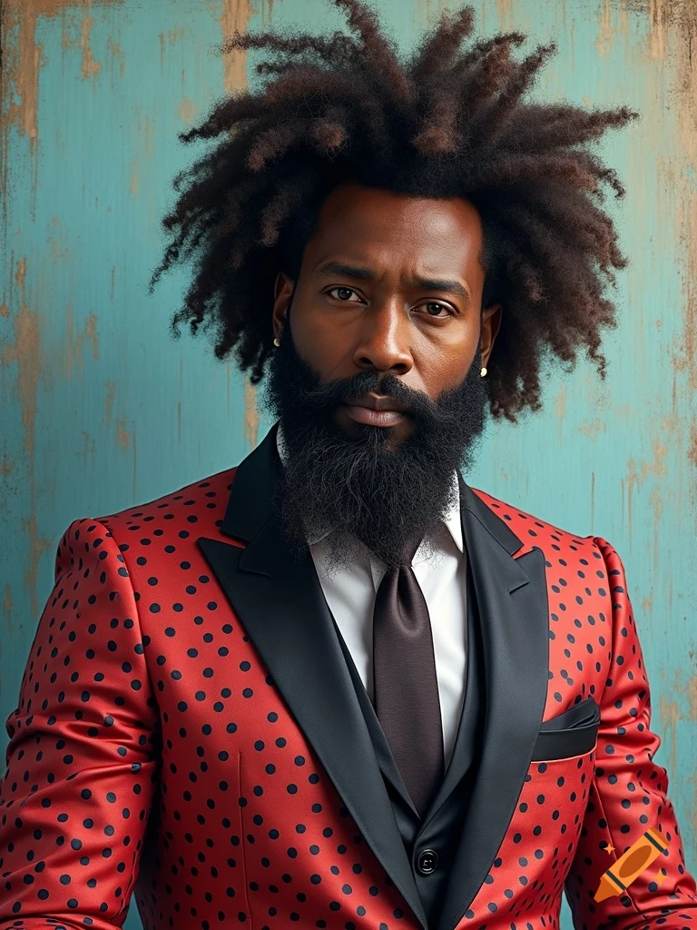 Portrait of a man with an afro and beard wearing a red polka dot suit ...