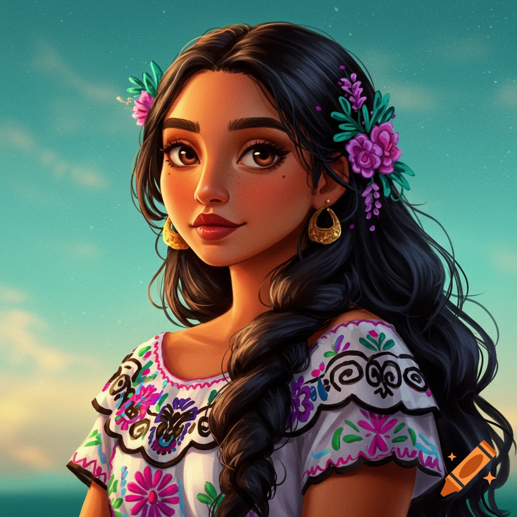 Stylized digital portrait of a young Latina woman with dark hair ...