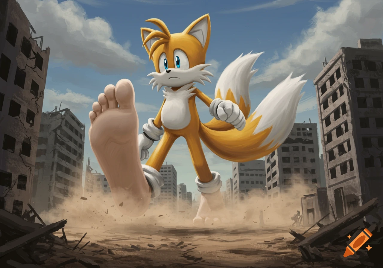 Giant cartoon fox (Tails) walks through a destroyed city on Craiyon