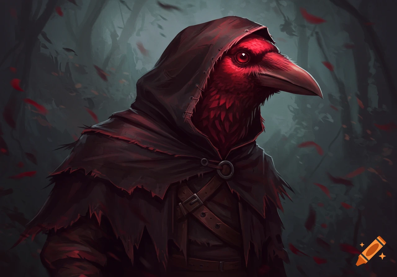 Illustrative portrait of a red crow wearing a hooded cloak in a dark ...