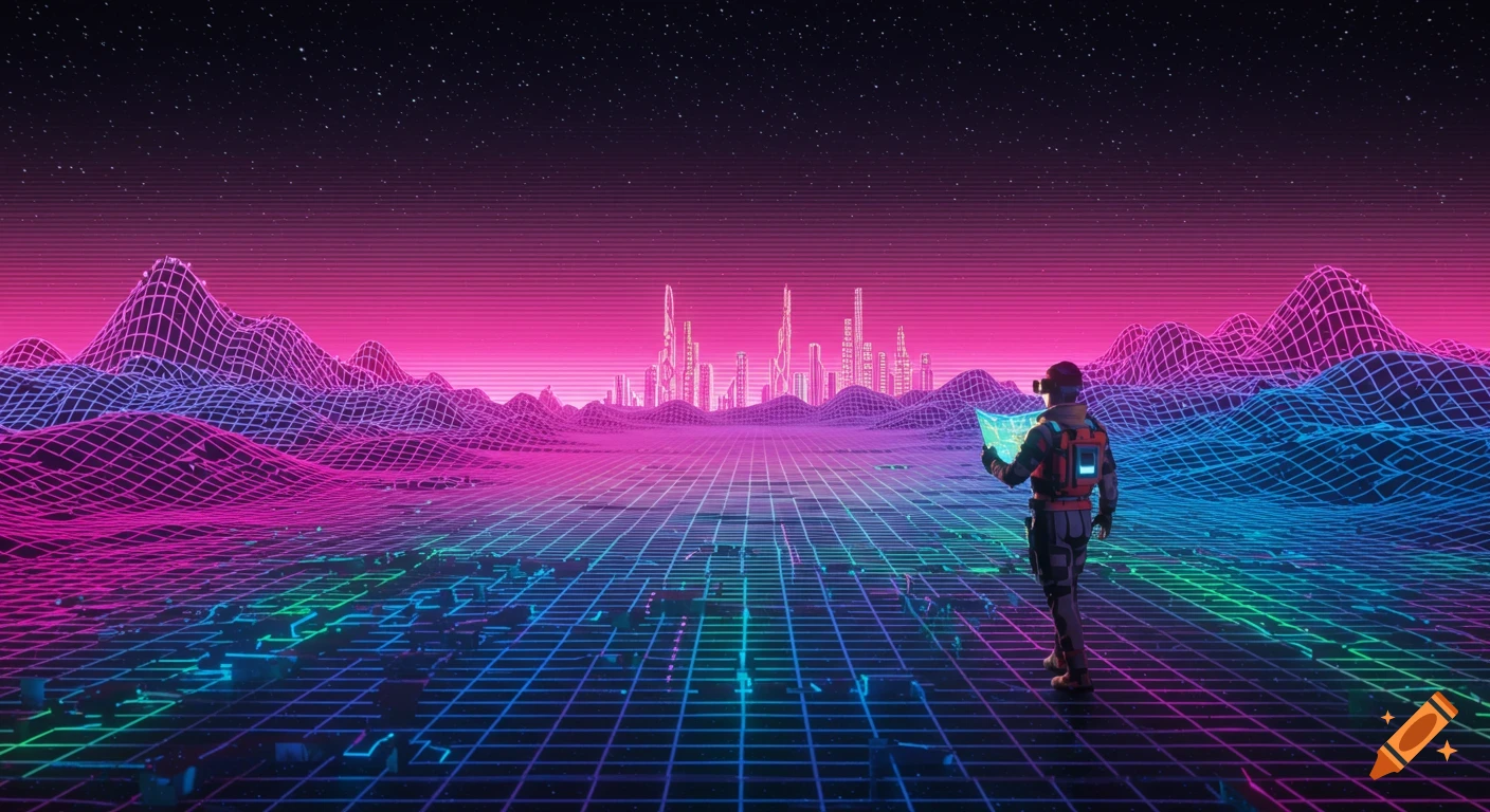 Person in VR headset holds a glowing map on a neon grid landscape with ...