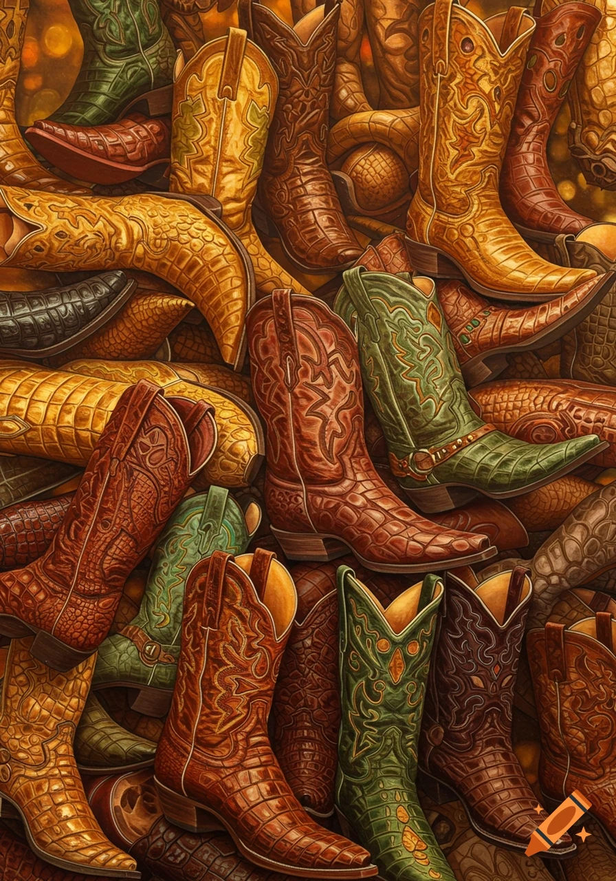 A pile of various cowboy boots with alligator skin textures in brown ...