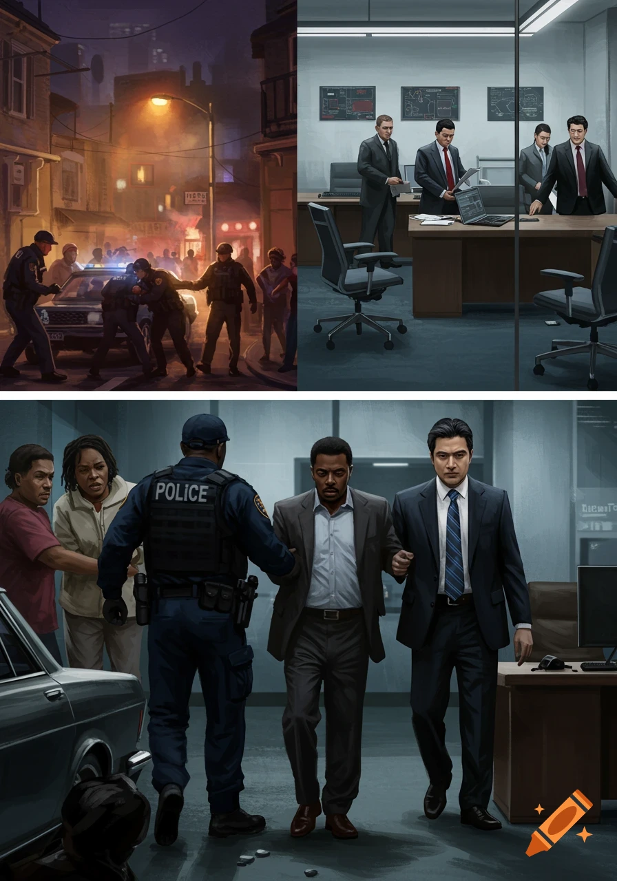 Two scenes illustrate contrasting arrests: police arresting people ...