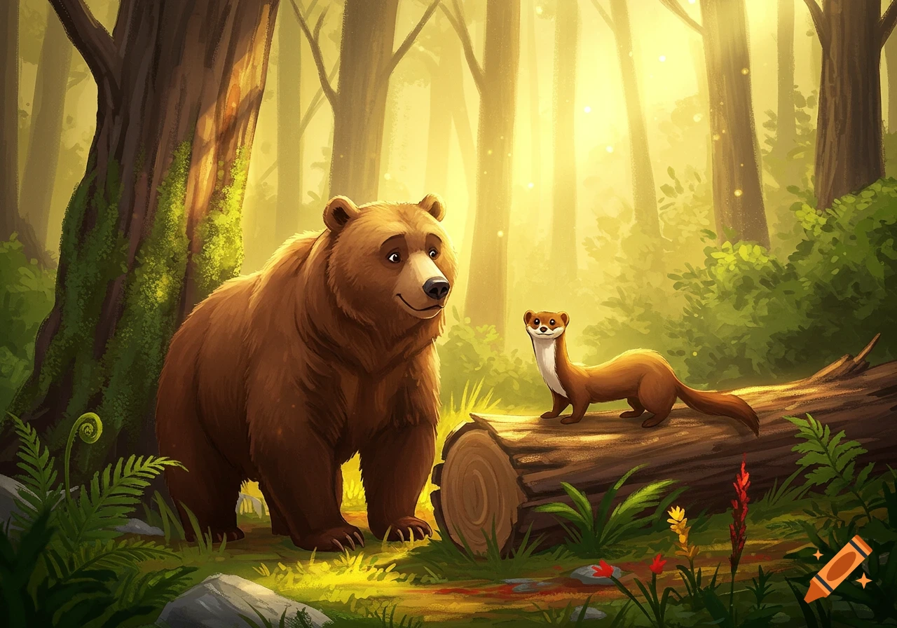 Illustration of a bear and a weasel standing by a log in a sunny forest ...