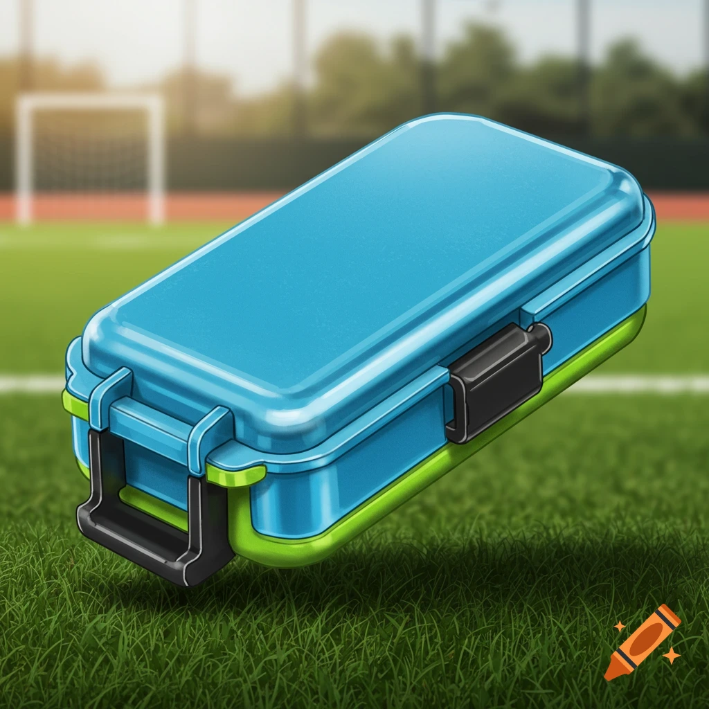 A blue and green plastic case sits on grass with a blurred soccer field ...