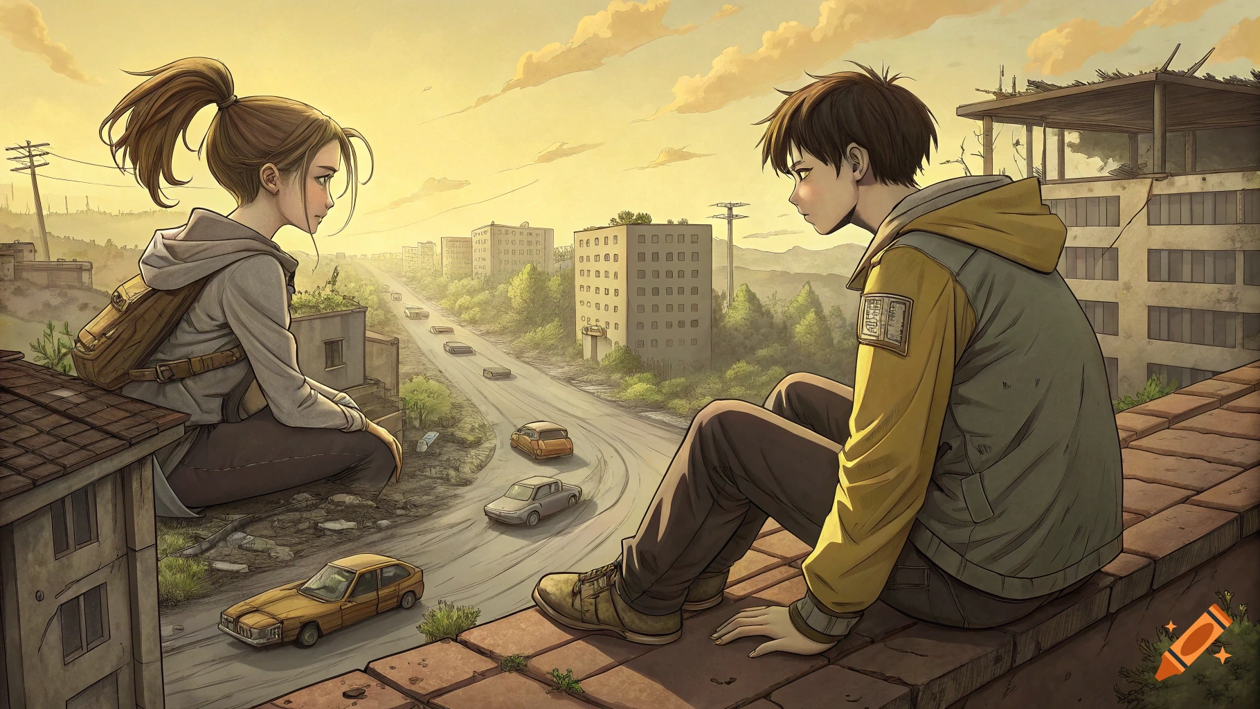 Two young adults sit on a roof overlooking a run-down city in an anime ...
