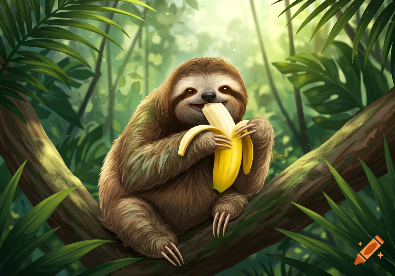 A happy sloth sits on a tree branch eating a banana in a sunny jungle ...
