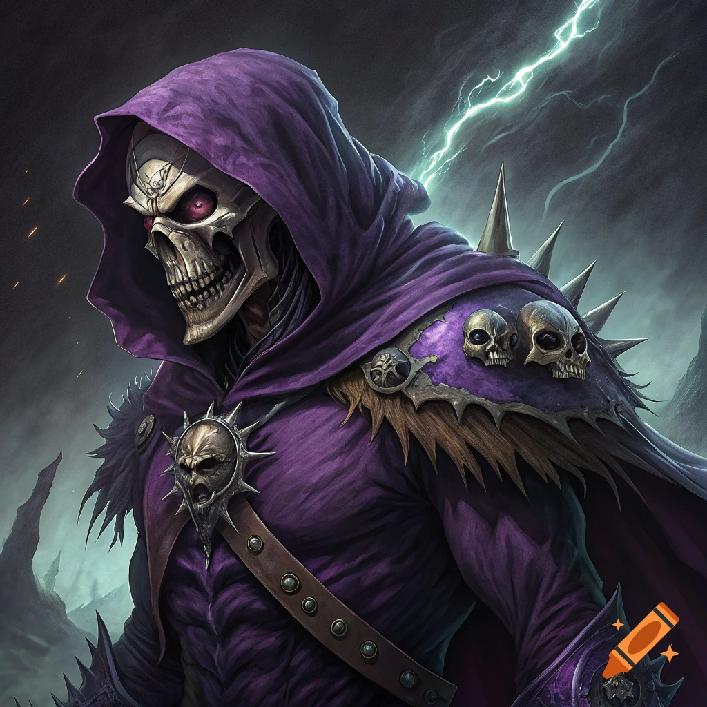 A close-up portrait of a skeletal figure in a purple hood and armored shoulder pads with skulls ...