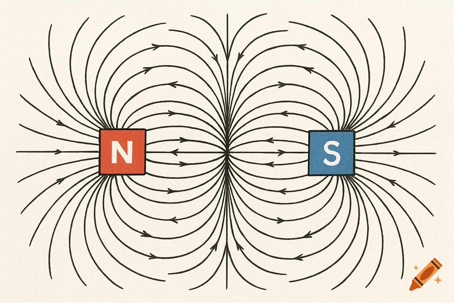 Diagram showing magnetic field lines between red N and blue S magnets ...