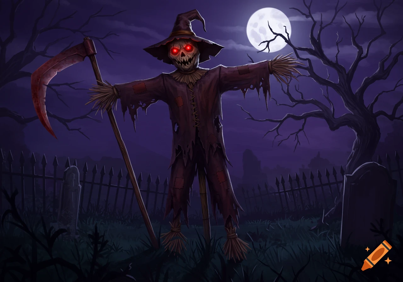 Illustration of a scary scarecrow with glowing red eyes holding a ...