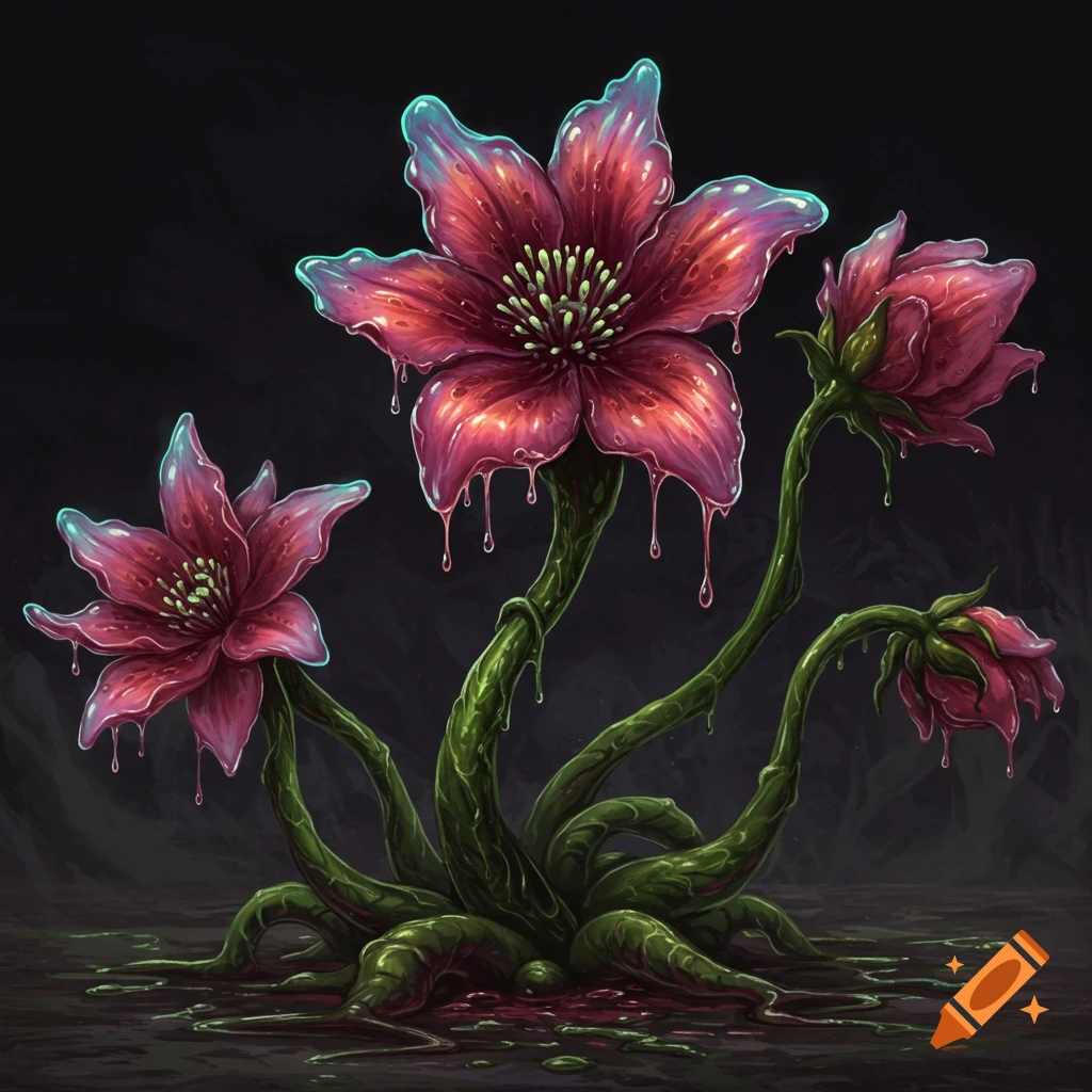 Ugly, slimy pink and purple fantasy flowers with green vines dripping ...