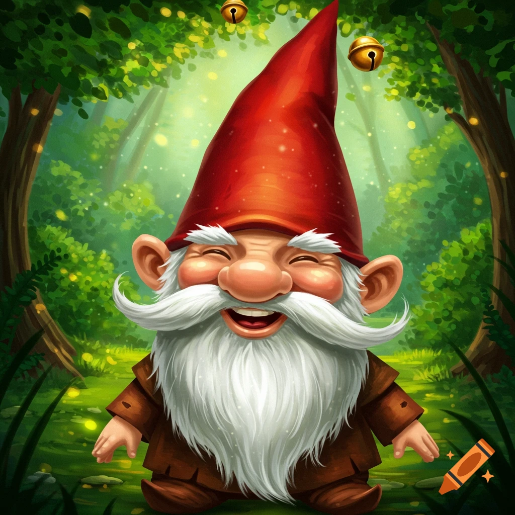 A joyful gnome with a long white beard and red hat laughs in a sunlit ...