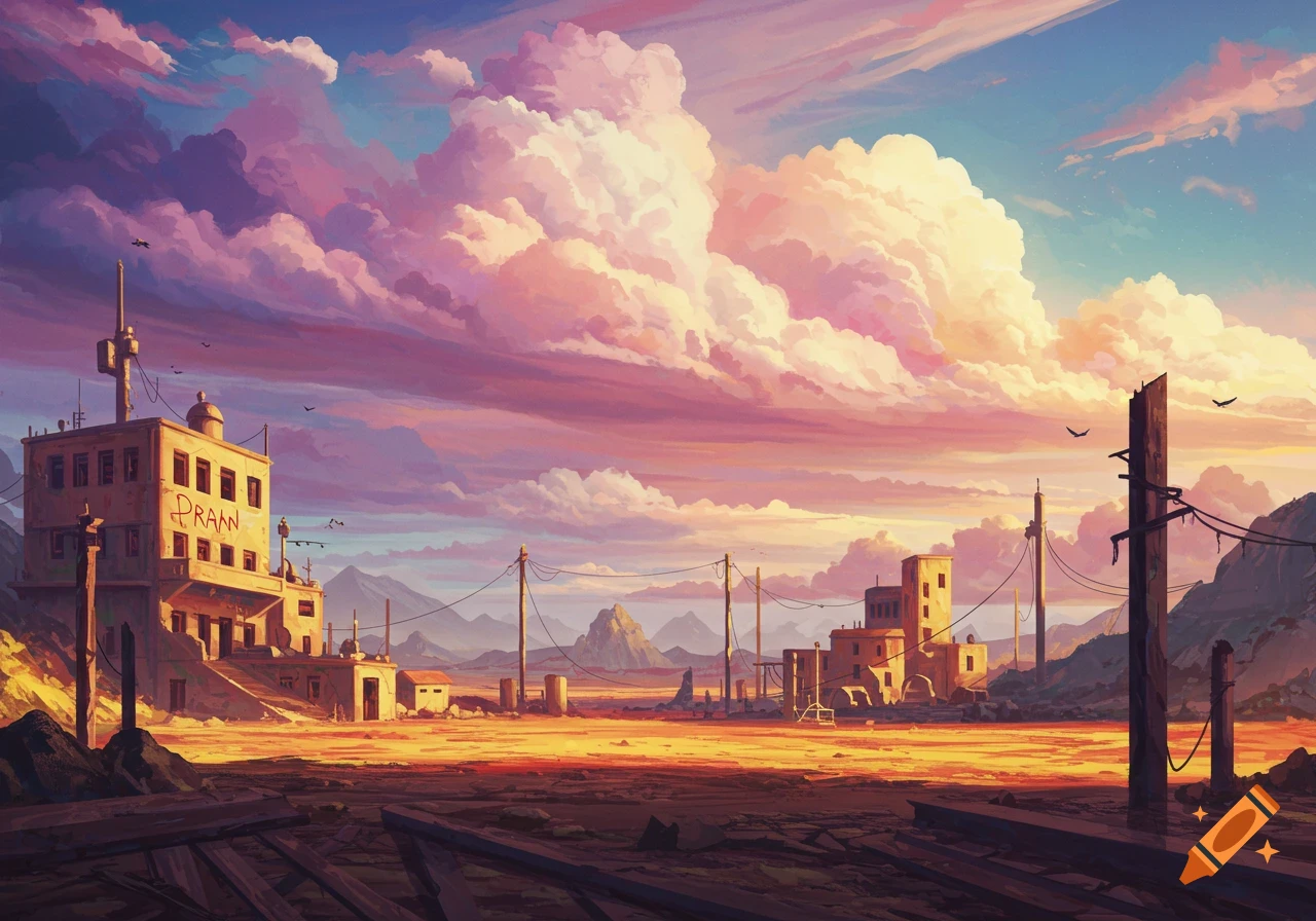 Stylized painting of a desolate landscape with buildings under a ...