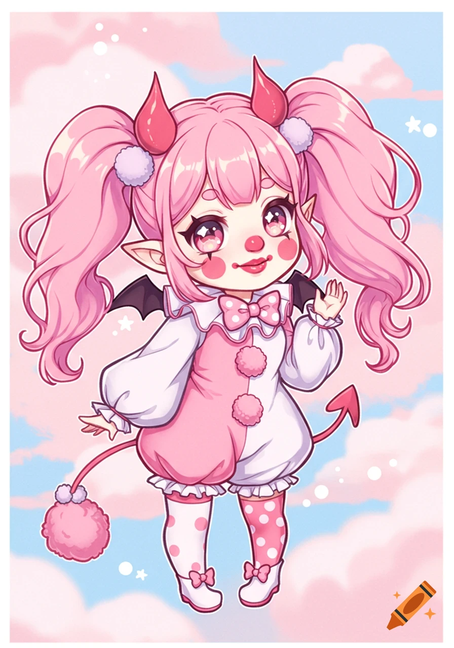 Cute anime chibi demon clown girl with pink hair and horns wearing a ...