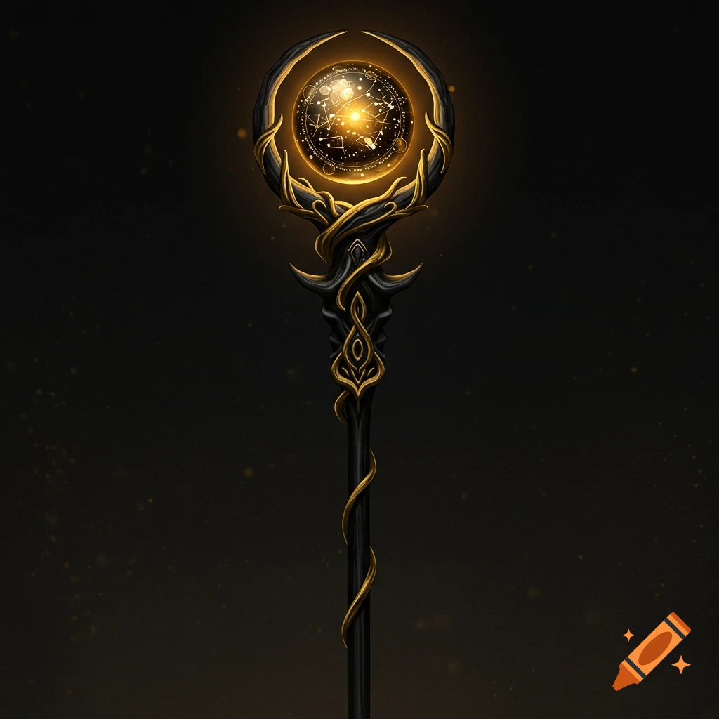 A black and gold staff with a glowing orb showing constellations. on ...