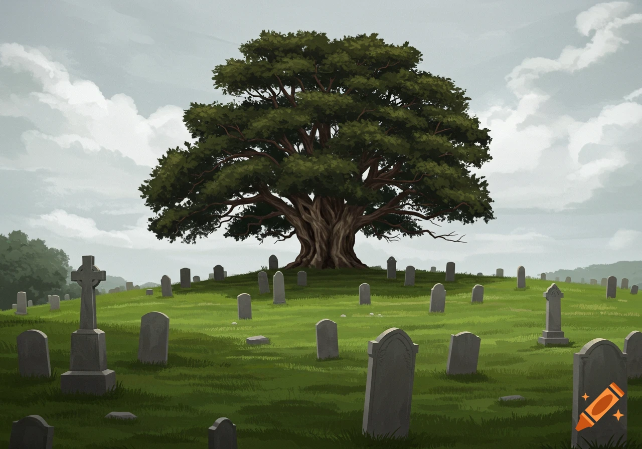 A large tree stands on a grassy hill surrounded by gravestones in a ...