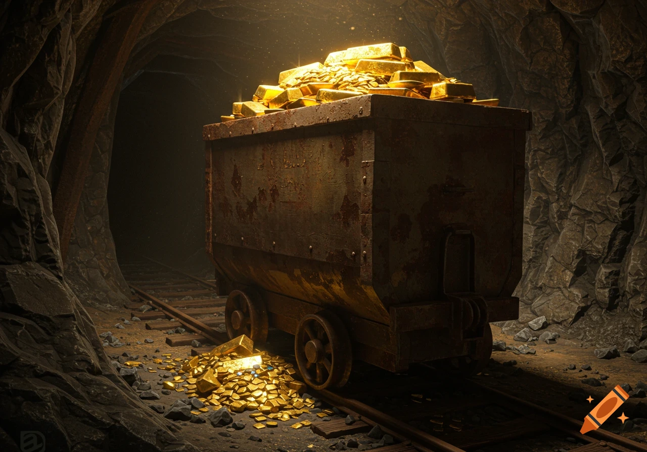 A mining cart overflowing with gold ingots sits on a track in a dark ...