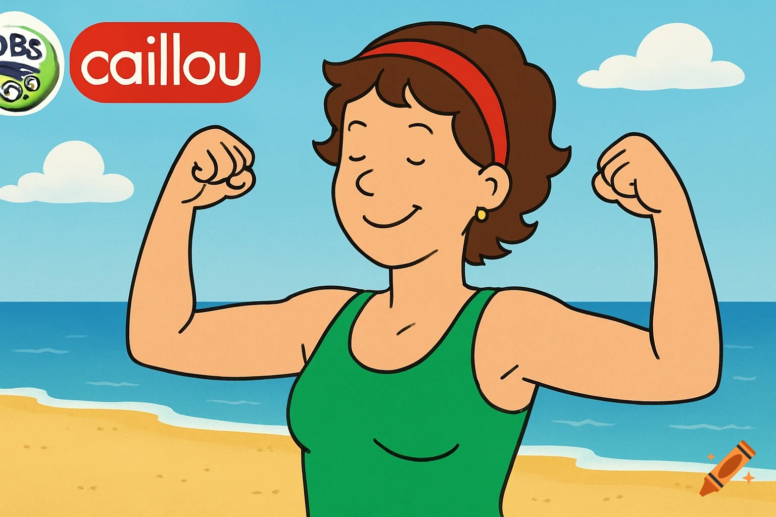 Cartoon woman flexing muscles on a beach, with Caillou logo. on Craiyon