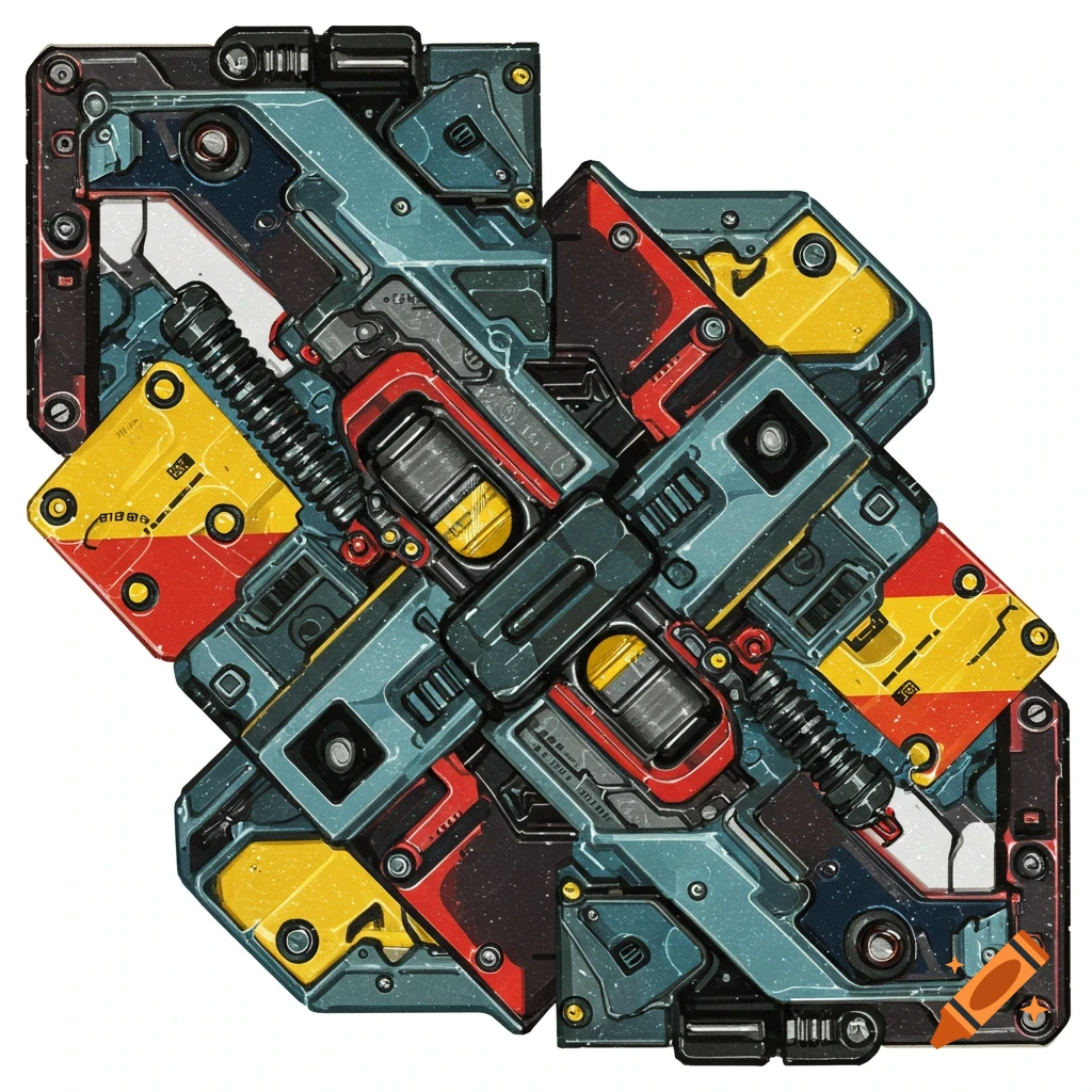 Abstract mechanical pattern with red, yellow, and blue elements on Craiyon