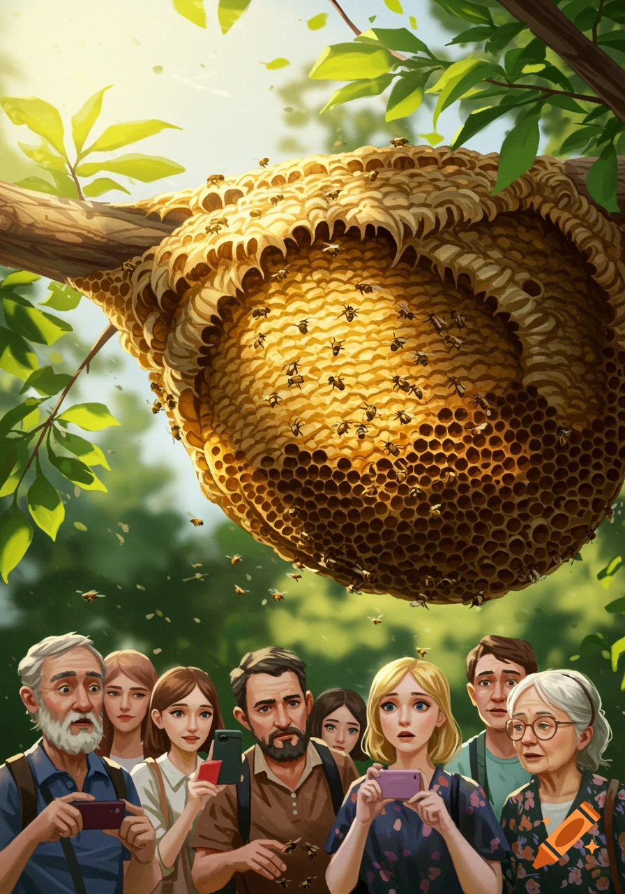 Large beehive on a tree branch with bees. People below look up at the ...
