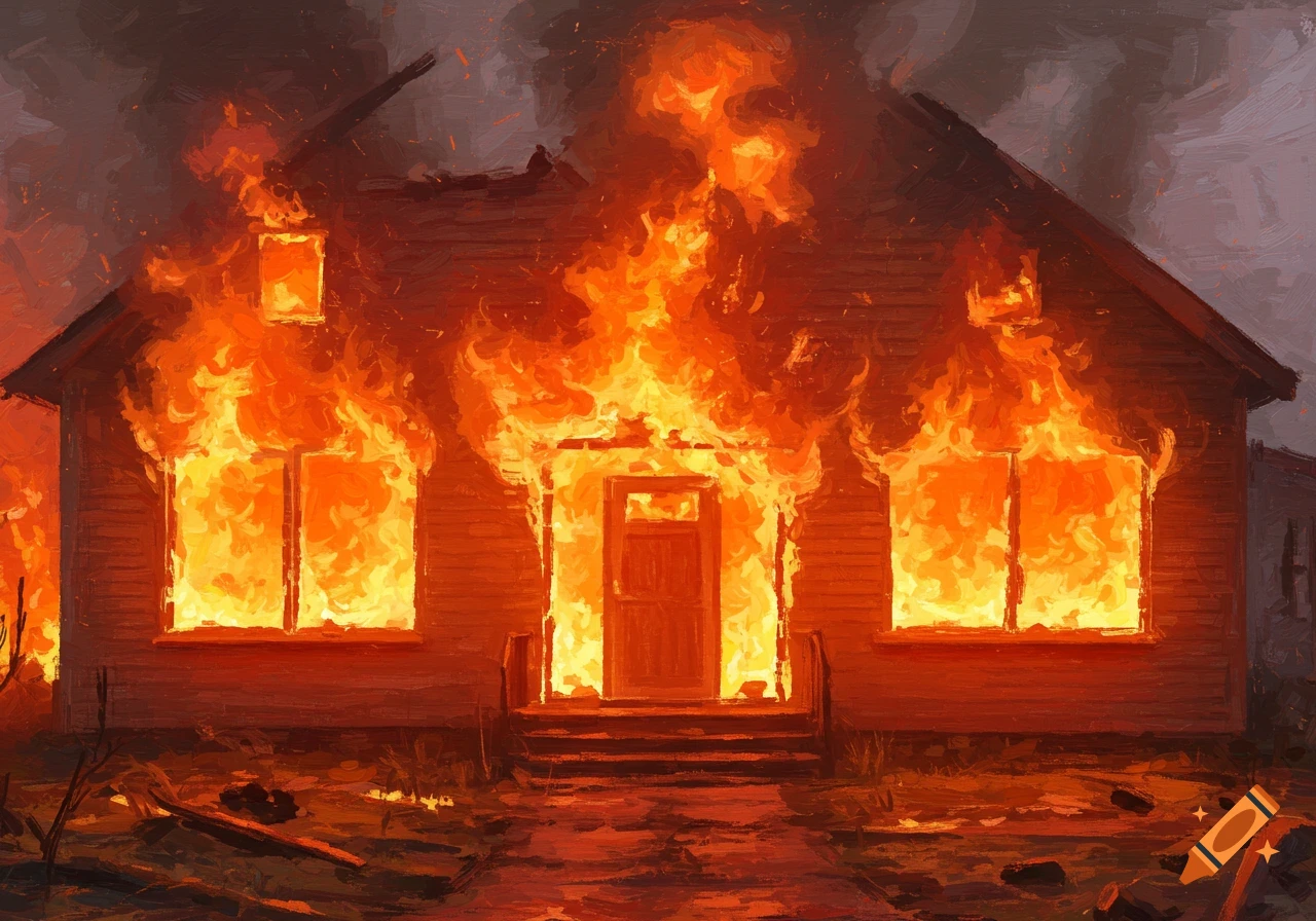 A house on fire with flames coming from windows and the front door, in ...
