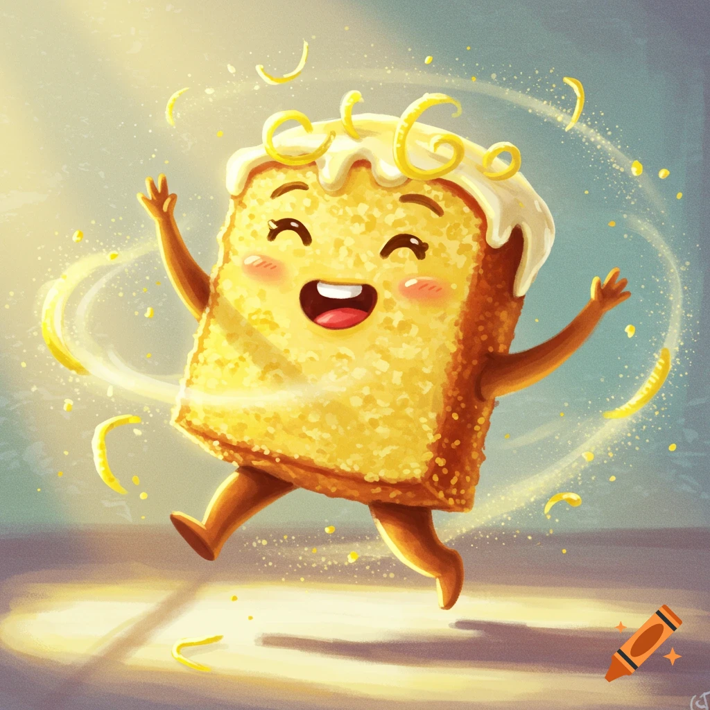 A cute cartoon lemon drizzle cake character is happily dancing with ...