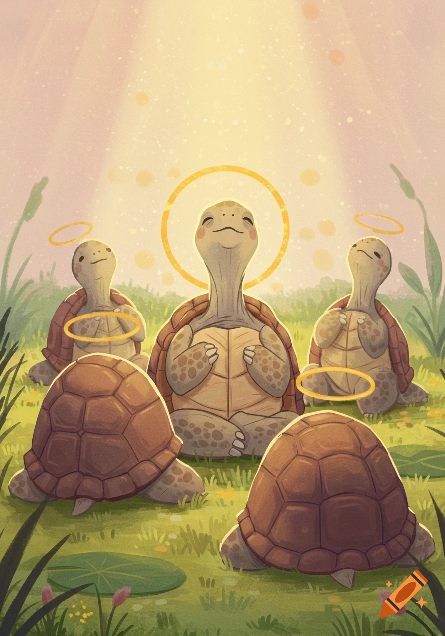 Four turtles with halos meditating outdoors in a stylized illustration ...