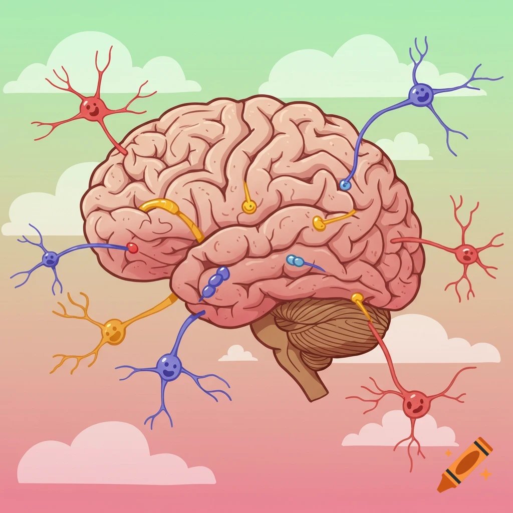 Cartoon illustration of a human brain connected by red, blue, and ...