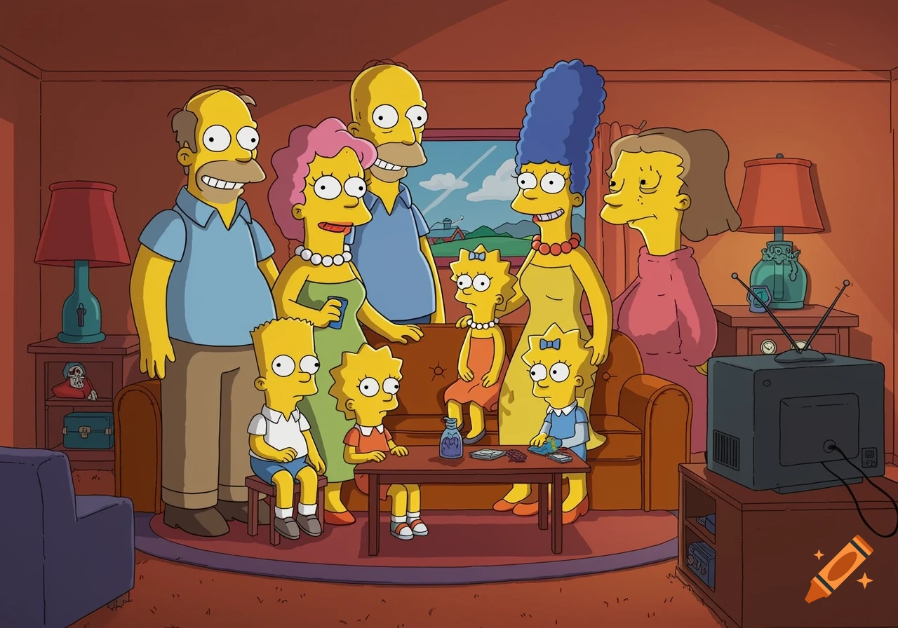 A family styled like The Simpsons sitting on a couch in a living room ...