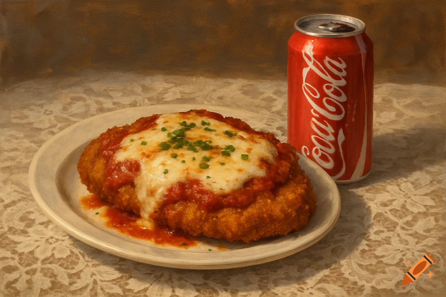 Chicken Parmesan on a plate next to a can of Coca-Cola on a lace ...