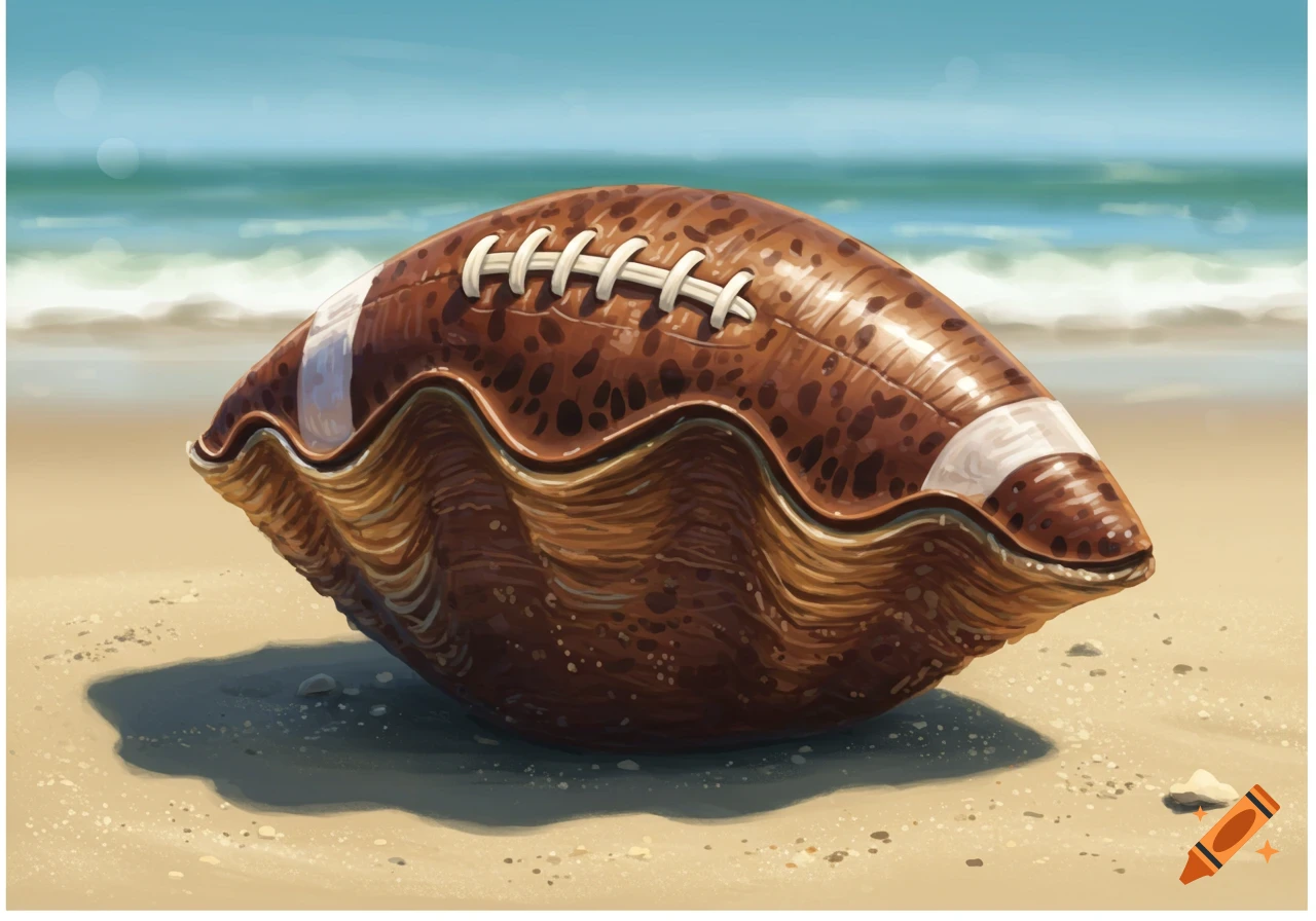 Illustration of a clam shaped like a football on a beach. on Craiyon
