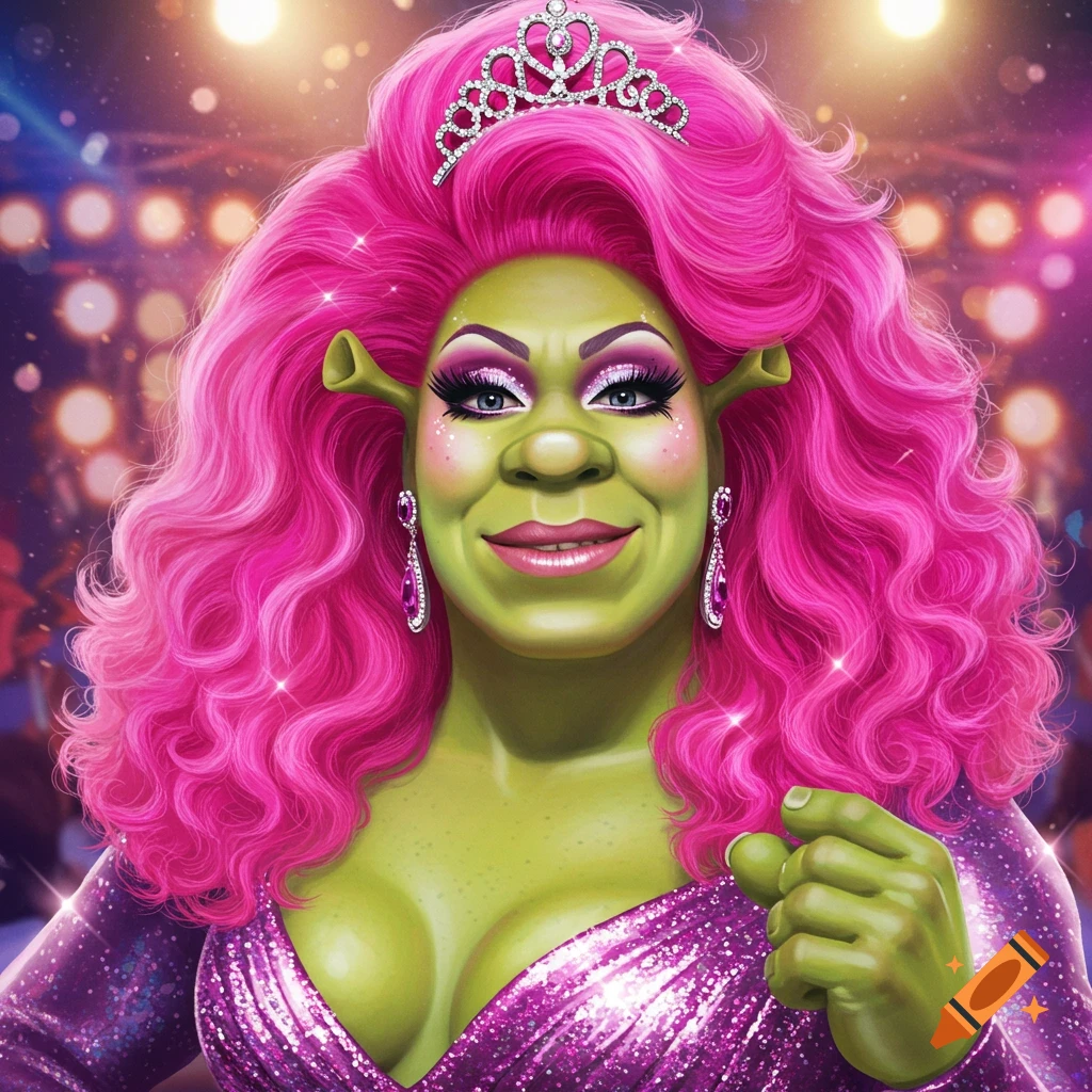 Shrek as a drag queen wearing a pink wig, tiara, sparkly purple dress, and makeup on a stage. on ...