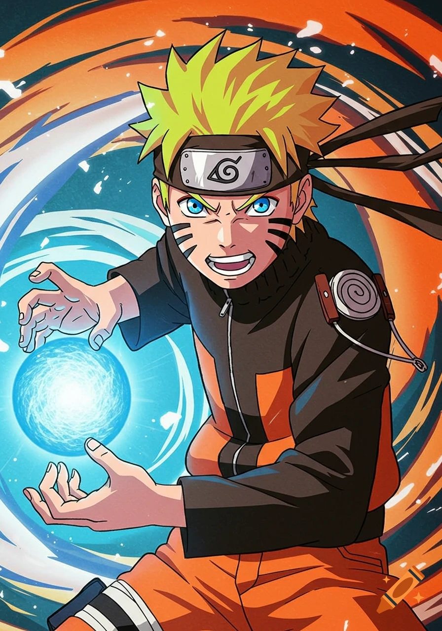 Naruto Uzumaki using the Rasengan attack in an anime style. on Craiyon