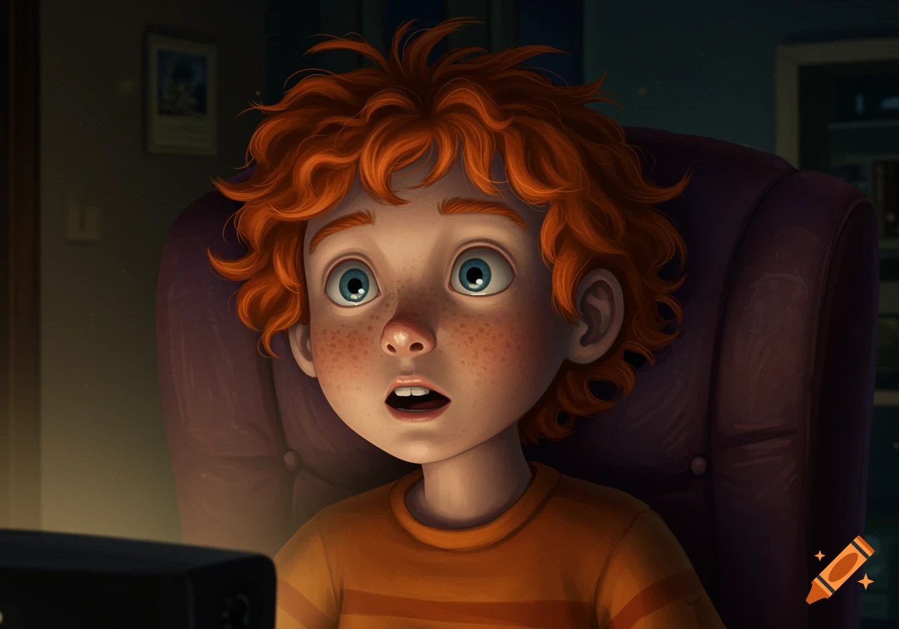 Close-up cartoon illustration of a surprised-looking redhead boy with ...
