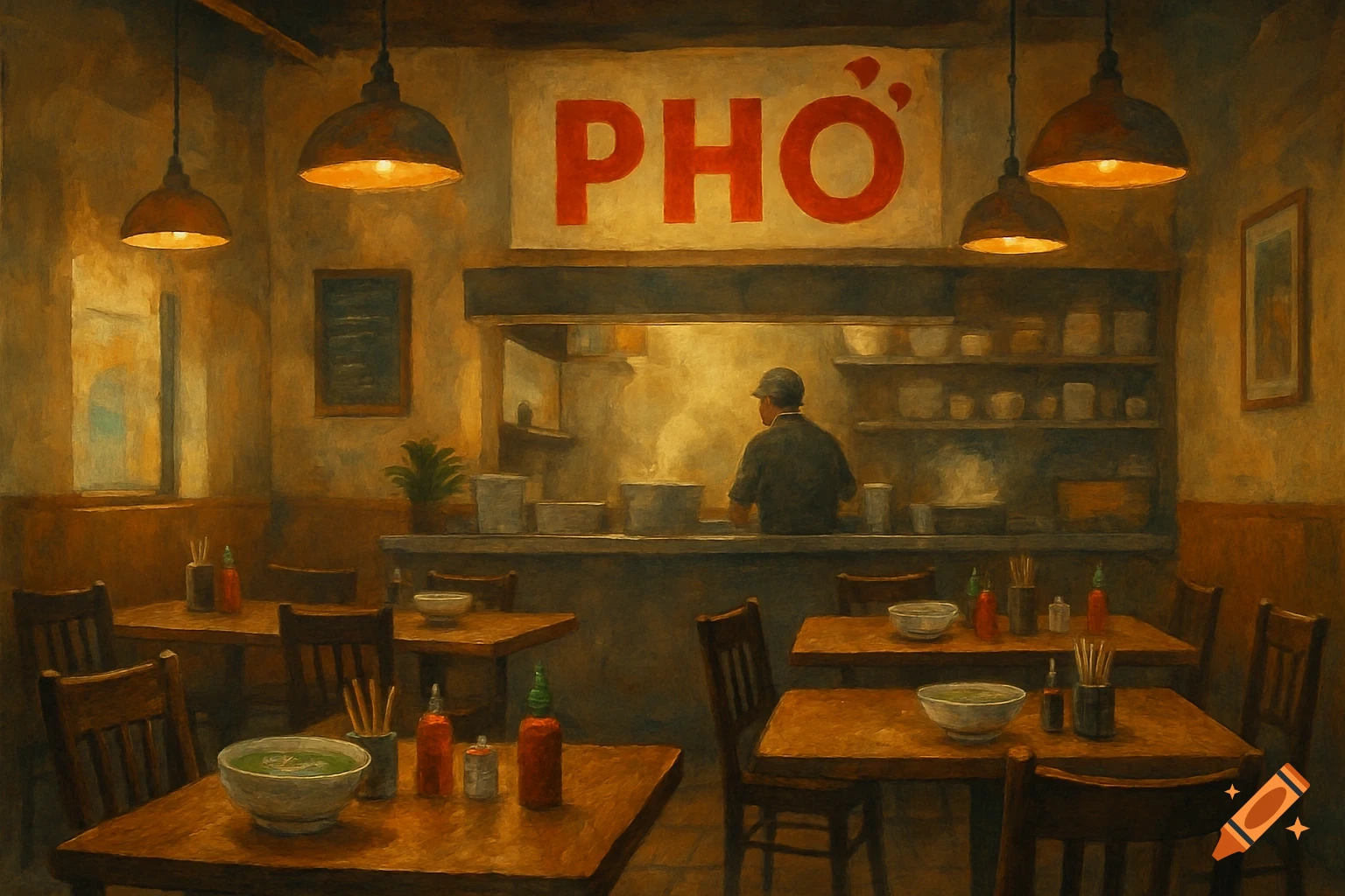 A painted view inside a pho restaurant, with a sign, tables, and a chef ...