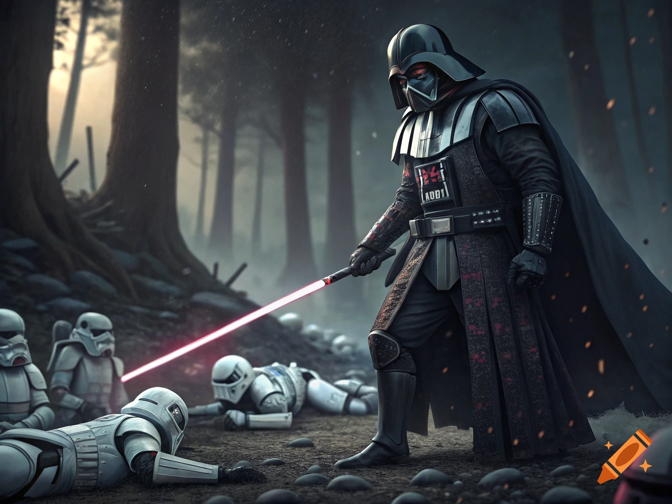 Darth Vader stands with a red lightsaber over fallen Stormtroopers in a ...