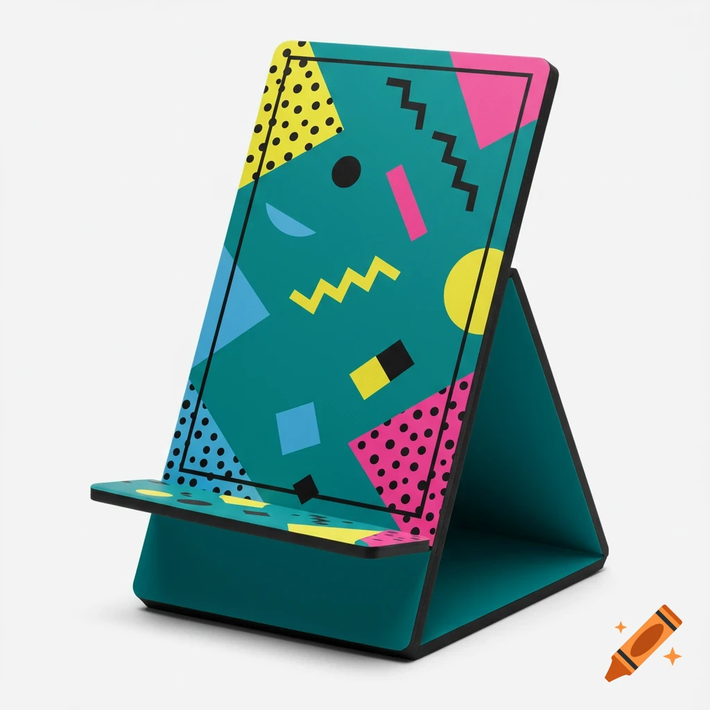 A teal phone stand is decorated with a colorful Memphis style pattern ...